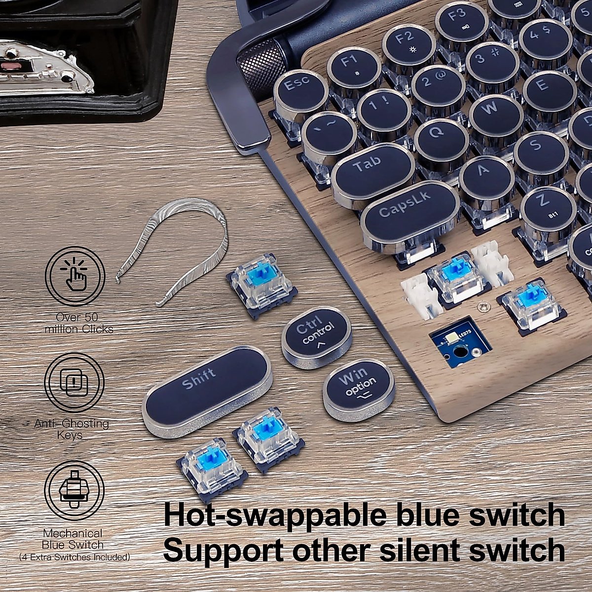RAZEAK Typewriter Keyboard, Retro Typewriter Keyboard Wireless Key Legends Backlit Bluetooth 5.0 Connection Hotswap Mechanical Keyboard for iPad/Tablet/Mac/PC Woodgrain