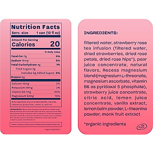 Recess Mood Magnesium Supplement Drink Calming Beverage, 12 Ounce, Pack of 12 (Strawberry Rose, 12 Pack)