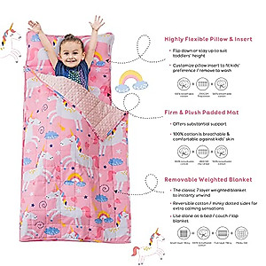 Sivio Toddler Nap Mat for Daycare, Sleeping Bag for Kids with Detachable Pillow, Weighted Blanket 3lbs for Kids Napping, Cotton Soft for Preschool Kindergarten, 50 x 20 Inches,Pink Unicorn