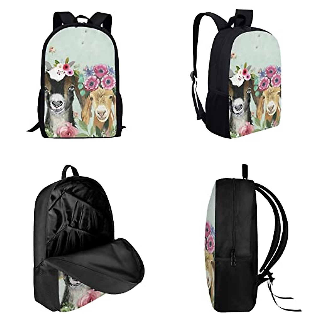 PCSJRKG Goat Hibiscus Flowers 3Pcs Girl Backpack Sets, Leightweight Durable Schoolbag with Lunch Bag and Pencil Bag, Elementary Students Daypack Primary Schoolbag for School