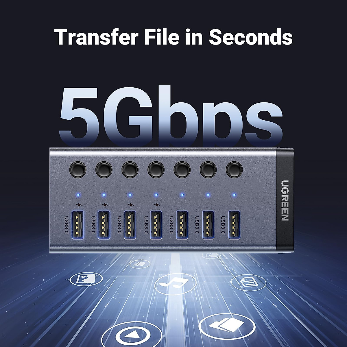 UGREEN Powered USB 3.0 Hub, 7-Port USB Adapter with 4 Smart Charging Ports, USB Splitter with Individual Led On/Off Switches and Power Adapter, USB Ports Extender for Laptop PC