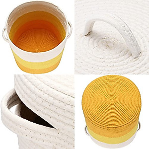 Sea Team Large Size Cotton Rope Woven Storage Basket with Lid, Lidded Laundry Hamper with Handles, Fabric Bucket with Cover, Clothes Toys Organizer for Kid's Room, 16 x 20 inches, White & Yellow