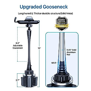 Danmus® Upgraded Car Cup Holder Phone Mount with Extendable Base, [15-in Adjustable Long Gooseneck] [Military-Grade] Car Truck Mount Compatible with iPhone 15 14 13 12 Pro Max Samsung S23 All