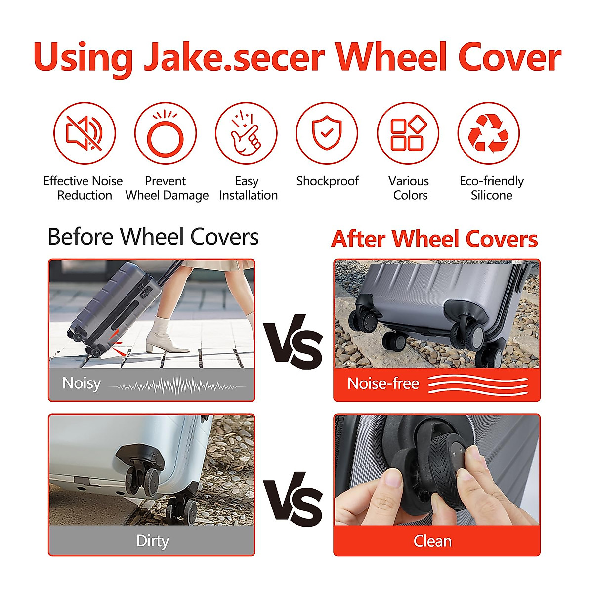 jake.secer 8 Packs Luggage Wheel Covers Silicone, Suitcase Wheels Protector Cover Replacement, 8 Spinner Rubber Wheel Covers for Your Suitcases or Office Chair Caster Wheels, Durable and Reduce Noise