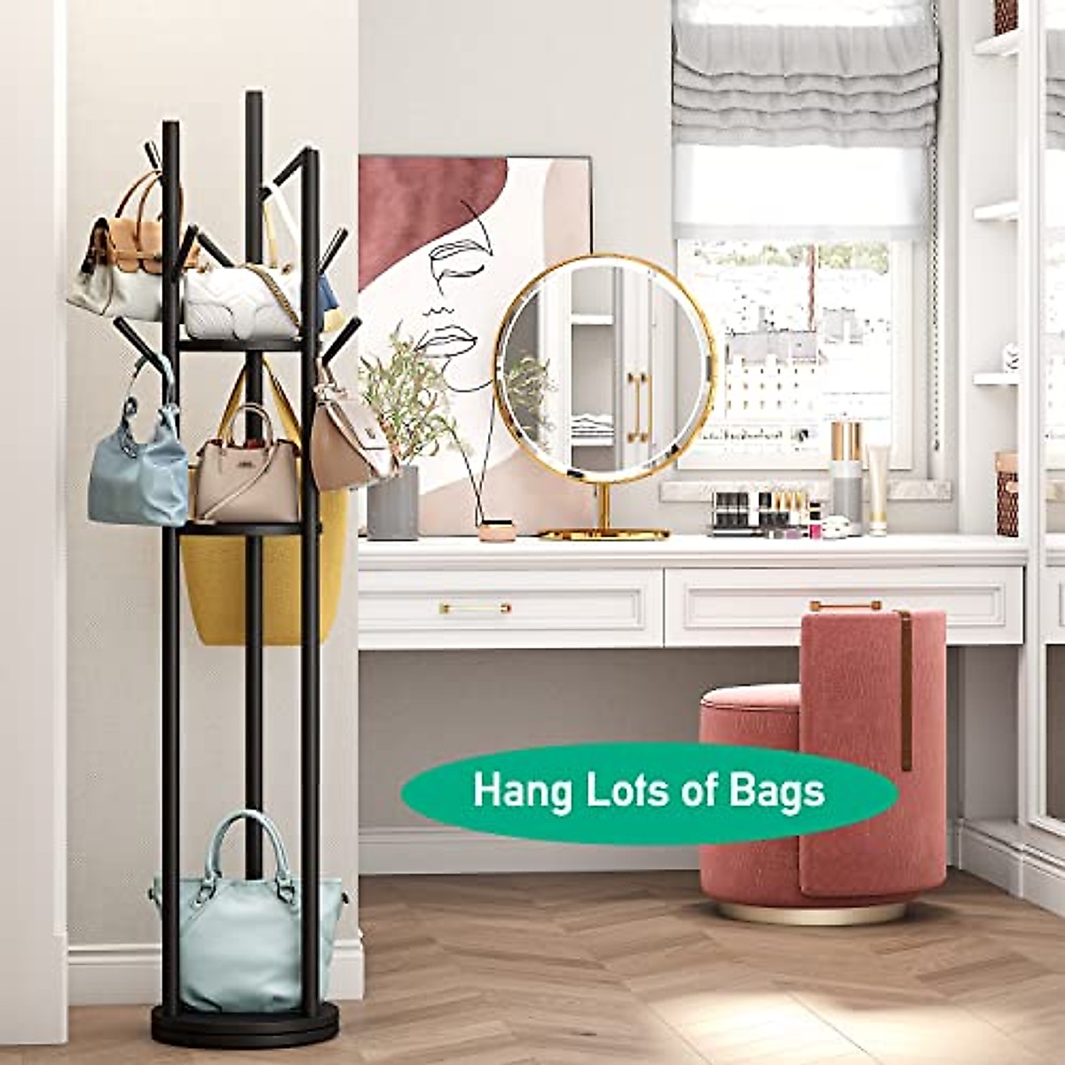 kiplant Rotary Coat Rack Stand with 8 Hooks, Bamboo Wood Coat Tree for Clothes/Bags/Hats, Coat Rack Freestanding for Home/Office/Entryway/Hallway