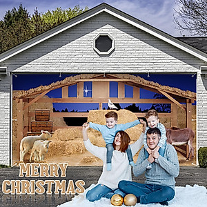 Preboun Christmas Nativity Garage Door Banner Cover Nativity Stable Scene Backdrop Banner Farm Barn Backdrop Christmas Banner Western Photo Backdrop Outdoor Xmas Holiday Winter Party Decor (8 x 16 FT)