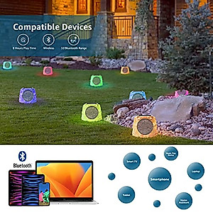 Rock Speakers Outdoor Waterproof Wireless Bluetooth Solar Powered Outdoor Rock Speaker Rechargeable Battery Bluetooth Rock Speakers with 7 Light Colors for Patio Party Pool Garden - 2PC