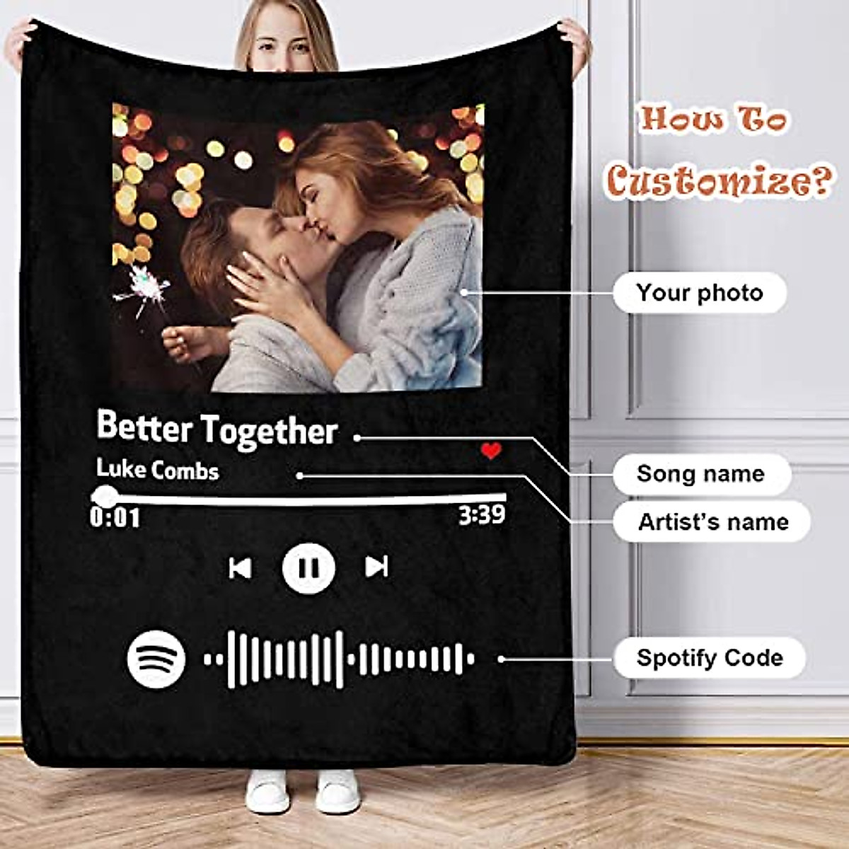 Personalized Spotify Code Music Blanket,Customized Blankets with Photos for Couples Lover, Custom Flannel Blankets Using Photos of Family, Friends, Dog, Cat Or Pet, Birthday Valentines Gifts