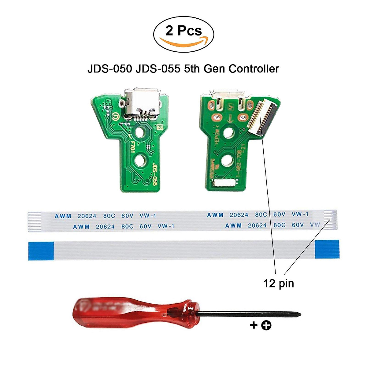 Rinbers® Pack of 2 JDS-050 JDS-055 Replacement Charging Port Micro USB Adaptor Charger Socket Circuit Board with 12 Pin Flex Cable for SONY PS4 5th Gen DualShock 4 Controller