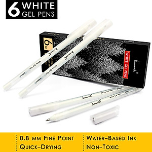 White Gel Pen Set - 0.8 mm Extra Fine Point Pens Gel Ink Pens for Black Paper Drawing, Sketching, Illustration, Card Making, Bullet Journaling, Pack of 6