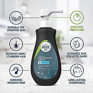 VEET 5 Min Sensitive Skin Hair Removal Cream For Men, Forget Shaving Cream & Painlessly Manscape, Body Cream & Hair Removal Gel For Chest & Back, Dermatologically Tested, 13.5 FL OZ w/ Spatula