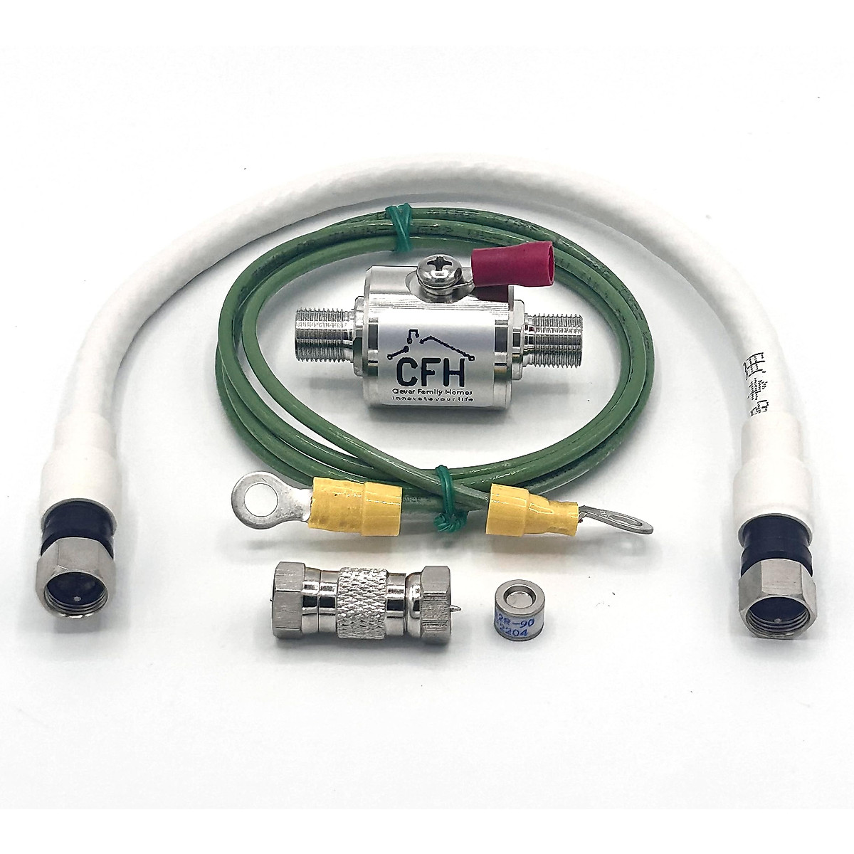Clever Family Homes Coaxial RG6 Surge Protector Kit with Jumper Cable, Ground Wire, Spare GDT, and Male-to-Male Adaptor