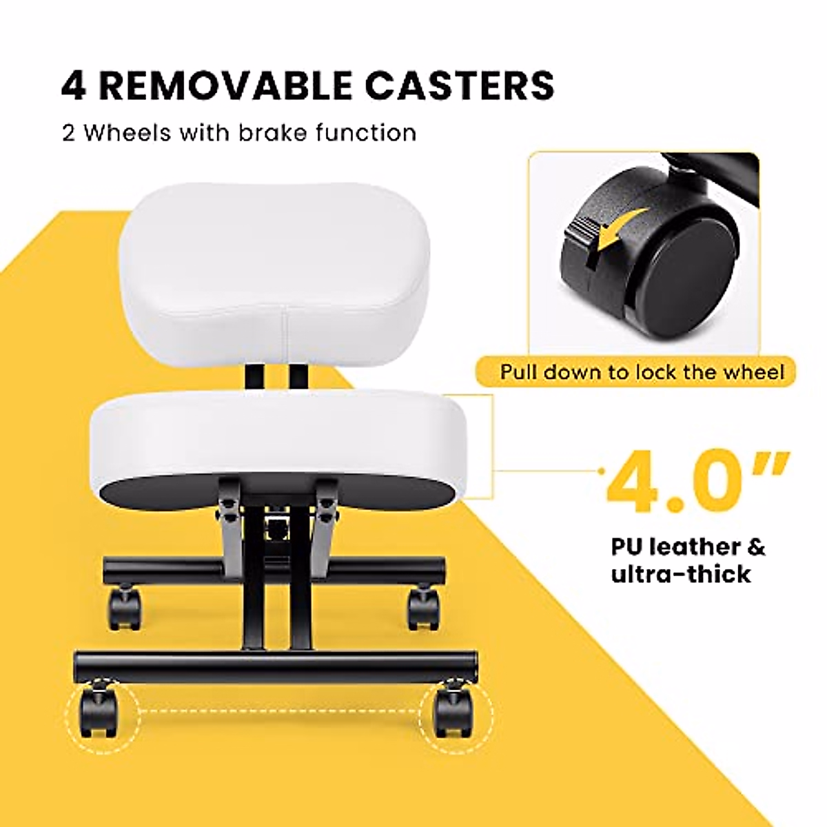 Ergonomic Kneeling Chair Adjustable Stool with Thick Foam Cushions and Smooth Gliding Casters for Home, White