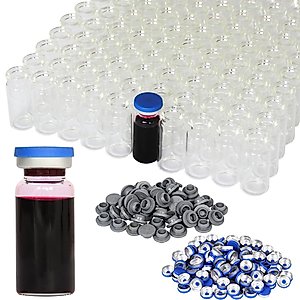 10ml Clear Glass Vials-2-1/2 Dram Clear Glass Headspace Vials with Plastic-Aluminum Flip Caps and Rubber Injection Stoppers, 100 Pack, 20mm Flat Bottom Lab Vial