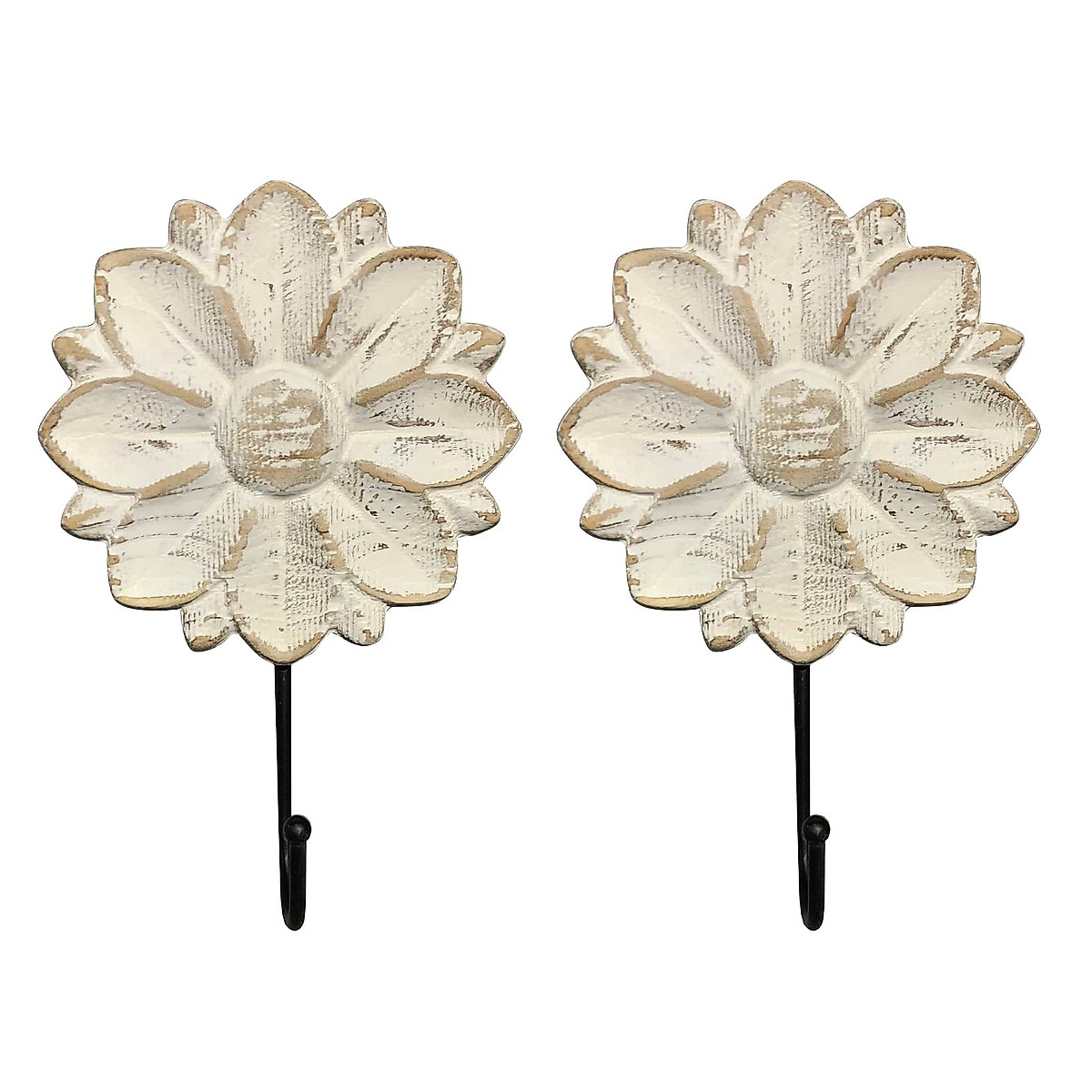 dwellington Decorative Wall Mounted Flower Hooks, White Distressed Wood Hanging Hooks, Farmhouse Boho Coat Rack Hooks for Hanging Things, Towels, Purse