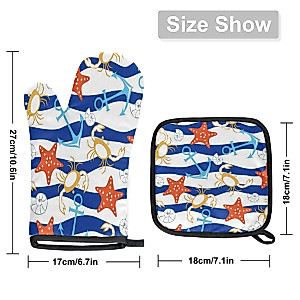 Anchor Starfish Crab Oven Mitts and Pot Holders Sets of 2 Heat Resistant Non-Slip Kitchen Gloves Hot Pads with Inner Cotton Layer for Cooking BBQ Baking Grilling