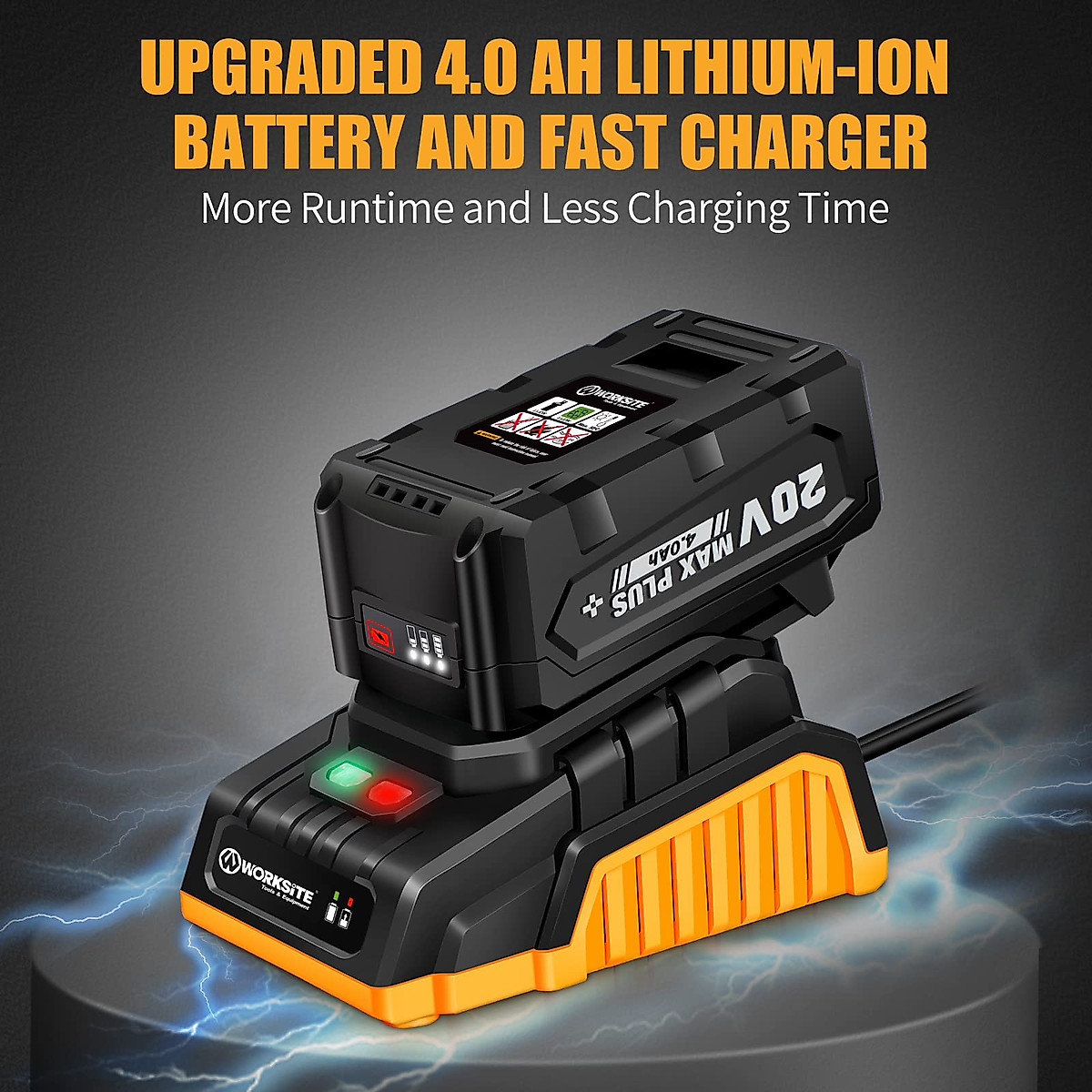 WORKSITE Cordless Angle Grinder, 4-Pole Motor, 4-1/2 Inch Cordless Grinder w/4.0A Battery & Fast Charger, 3-Position Adjustable Auxiliary Handle, Cutting Wheels, Grinding Wheels and Flap Discs