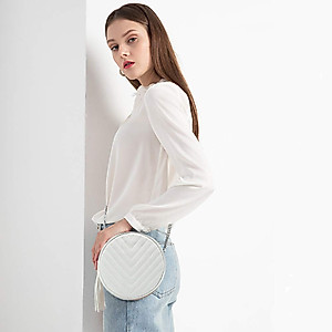 theops Small Crossbody Bags for Women Circle Quilted Purse Faxu Leather Shoulder Round bag, White, Medium