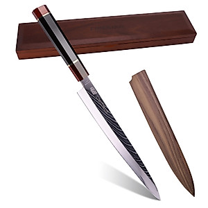 FINDKING Prestige Series Yanagiba Knife with Walnut Cover, Japanese SKD11 Damascus Steel Blade, Ebony Wood Octagonal Handle, Professional Sashimi Sushi Fish Knife (10.5 Inches, with Wooden Gift Box)