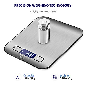 BAGAIL Digital Kitchen Scale, Premium Stainless Steel Food Scales Weight Grams and Oz for Baking and Cooking,11lb/5kg with 0.1oz/1g Precision