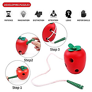 Early Development Toys Wooden Lacing Toys, Montessori Activity Caterpillars Eat Apple and Kids Cheese Toys, Children Learning Educational Wood Block Puzzles Toy for Toddlers Boys Girls