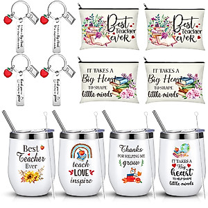 12 Pcs Teacher Appreciation Gifts Set Insulated Teacher Coffee Tumbler Wine Coffee Mug Makeup Bag Cosmetic Bag Teacher Keychains Thank You Teacher Gifts for Women Teachers (Rectangle Keychain)