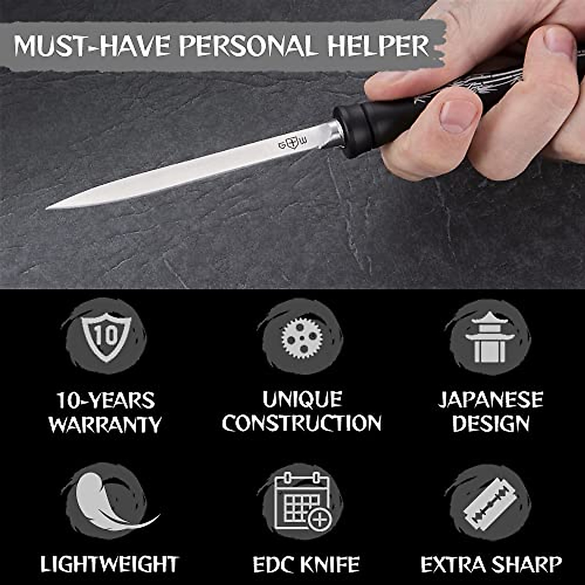 GOOD WORKER Japanese Utility Knife - Letter Opener - Envelope Opener - Mail Opener - Small Black Fixed Blade Knife for Men Women - Kubaton - Secret Santa Gift 130129