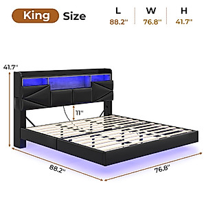 BTHFST Floating King Bed Frame with Storage Headboard & Charging Station, RGB LED Floating Platform Bed, Solid Wood Slats Support, No Box Spring Needed, PU Black
