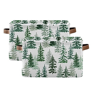 Christmas Square Storage Basket Woodland Rustic Forest Pine Trees Storage Bins Canvas Winter Holiday Xmas Decorations Storage Organizer Closet Shelf Organizer for Home Office, 2 Pc