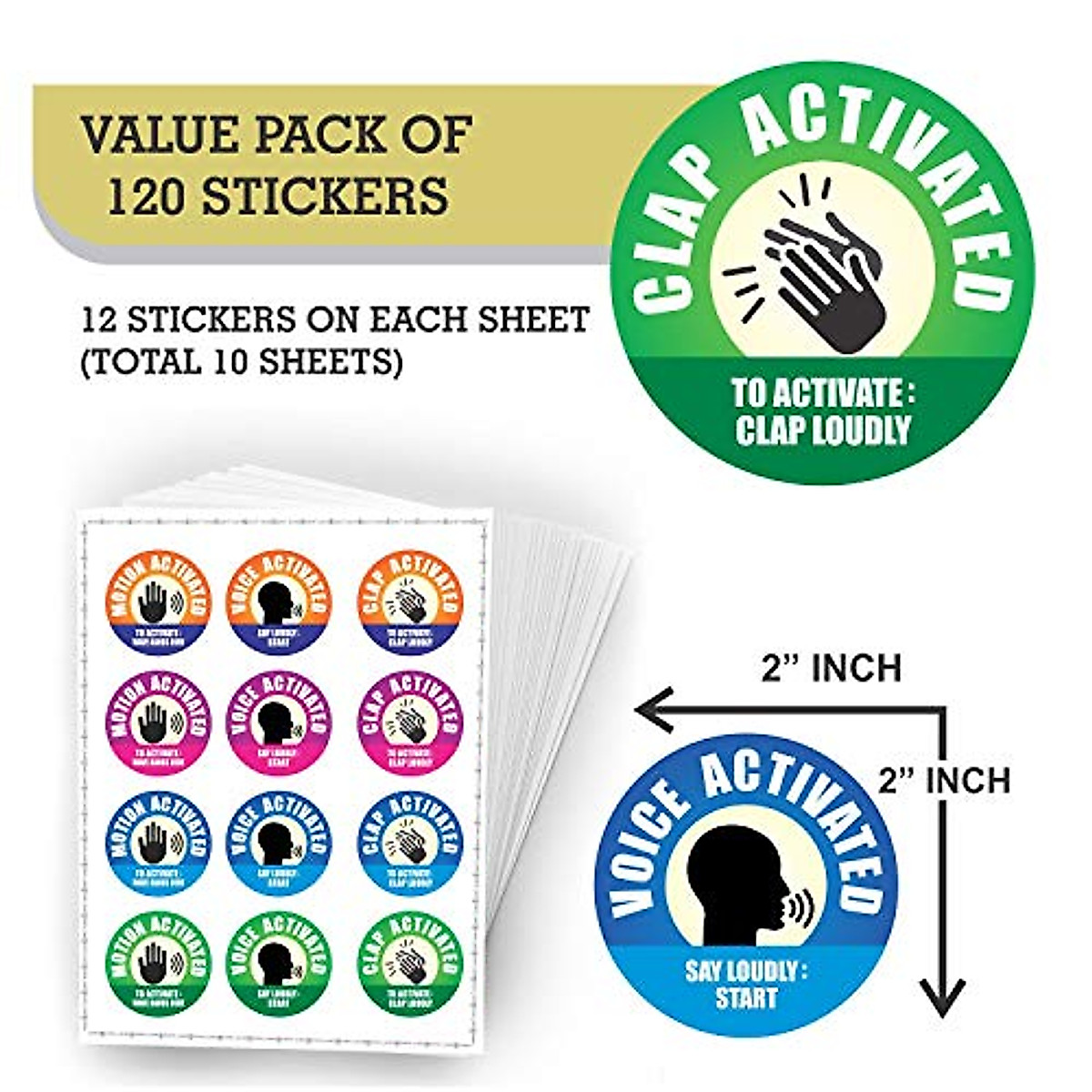 Prank Stickers - (Pack of 120) 2" Large Round Fake Voice Motion Clap Activated Funny Gag Gifts for Adults Kids Labels Sign for Doors Vending Machines