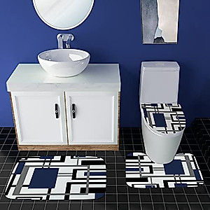 Izayoi 4 Pcs Geometric Shower Curtain Sets Non-Slip Rugs Bath Mat, Toilet Cover, U-Shaped Mat, Abstract Modern Shower Curtain with 12 Hooks, Blue Bathroom Set