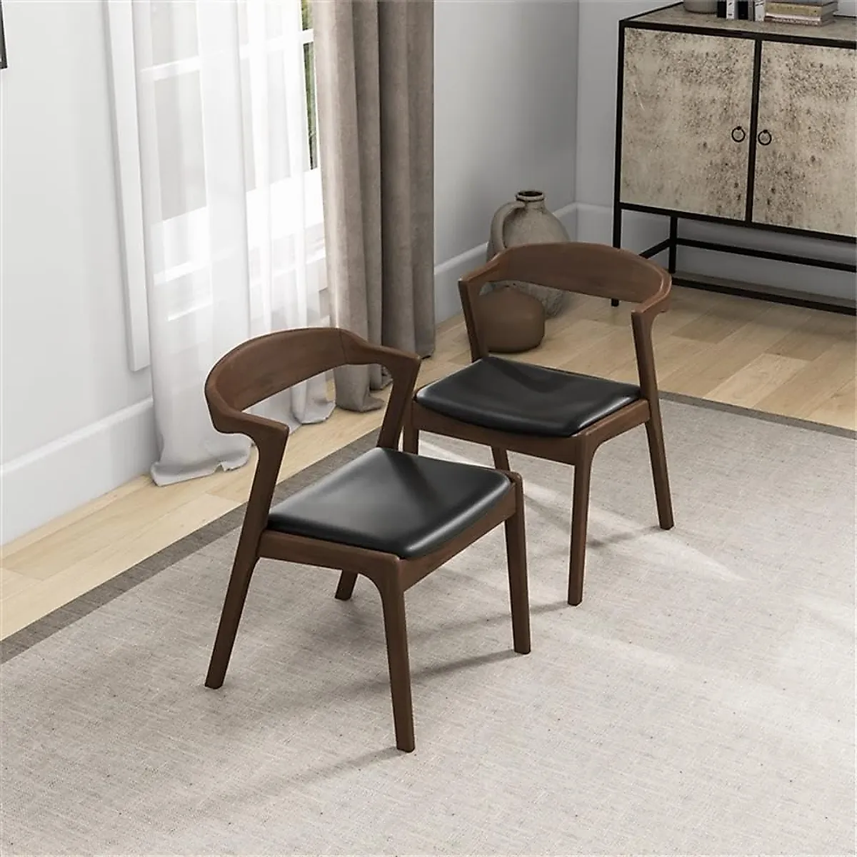 ASHCROFT Mid Century Roxy PU Black Leather Wood Dining Chair, Modern Upholstered Leather Chairs for Kitchen Dining Room (Set of 2)