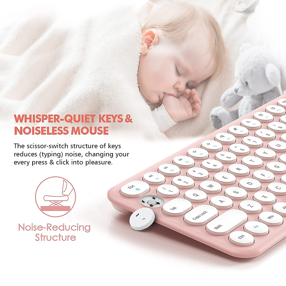 Wireless Keyboard and Mouse Combo, XTREMTEC Cute Compact Keyboard Pink Retro Round Keycap, Ultra Thin Quiet 2.4GHz Retro Kawaii Keyboard for Mac/PC/Laptop (Sakura Pink)