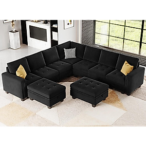 Belffin Oversized Velvet Modular 8-Seat Sectional Sofa Set with Storage Ottoman U Shaped Couch Set Modular Sectional Convertible Sofa Couch with Reversible Chaise Corner Sofa Couch Set Black