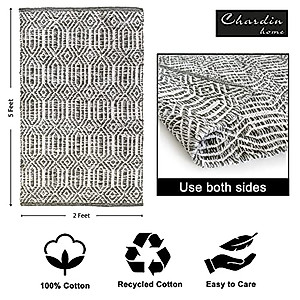 Chardin home Grey, Green & Ivory Boho Throw Rug 2x3 feet |Hand Woven Farmhouse Rug | Great in Kitchens entryways doormats Bathrooms Meditation Mat | Machine Washable & Reversible Cotton Rugs