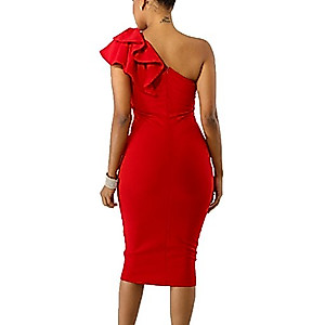 Mokoru Women's Sexy Ruffle One Shoulder Bodycon Elegant Cocktail Party Midi Dresses, Small, Red