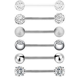 Sumind 6 Pairs Nipple Bars Surgical Stainless Steel Piercing Barbell Ring Tongue Ring Cubic Zirconia Nipple Rings Body Piercing Jewelry, 14 Gauge