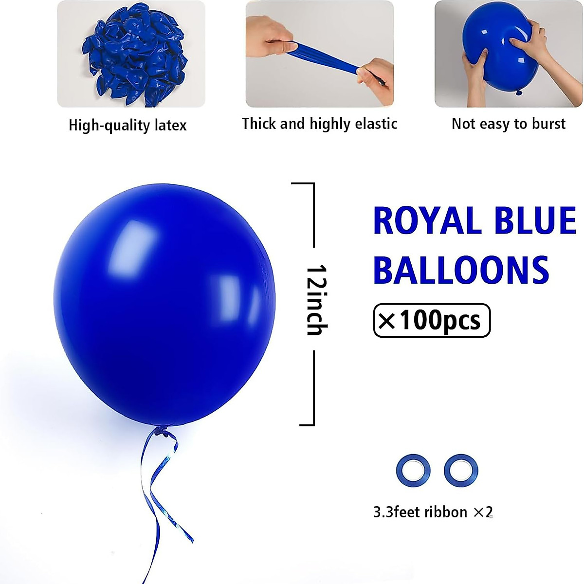 BAUANOOY 100pcs Royal Blue Balloons 12 inch, Navy Blue Latex Balloons with Blue Ribbon for Graduation Baseball Baby Shower Wedding Graduation Birthday Party Decorations