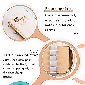 iSuperb Foldable Pencil Case Zipper Big Capacity Canvas Pencil Pouch Stationery Organizers Pen Bag Compartments Cosmetic Makeup Bags for Women (Khaki+Beige)