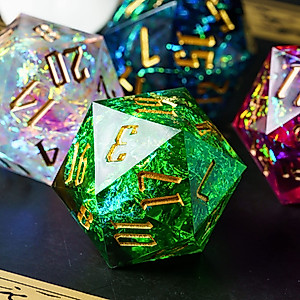 Cusdie Single D20 DND Dice with Sharp Edges and Glitter Foil Inclusions, 20 Sided D&D Dice, 33mm Handcrafted Polyhedral Dice, for Role Playing Game MTG Pathfinder (Green)