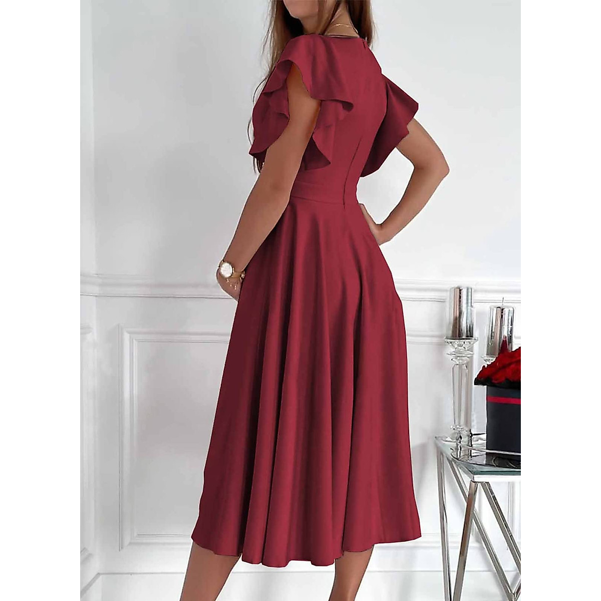 Dokotoo Women's V Neck Elegant Party Dress Short Sleeve Skater Dress Formal Wedding Guest Dresses Dresses for Women 2024 Red 2XL