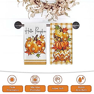 Seliem Fall Hello Pumpkin Patch Kitchen Dish Towels Set of 2, Autumn Maple Leaves Hand Towels Buffalo Plaid Check Drying Baking Cooking Cloth, Farmhouse Thanksgiving Home Kitchen Decor 18x26 Inch
