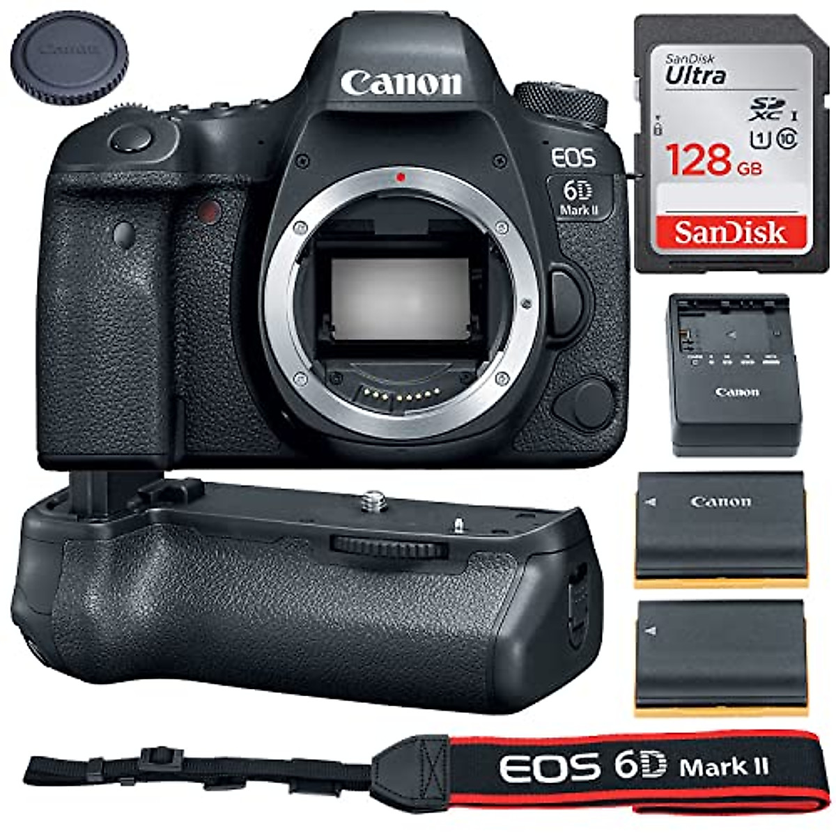Canon EOS 6D Mark II Full Frame Digital SLR Camera Body Bundle + 128GB Ultra High Speed Memory + Battery Grip and Extra Battery