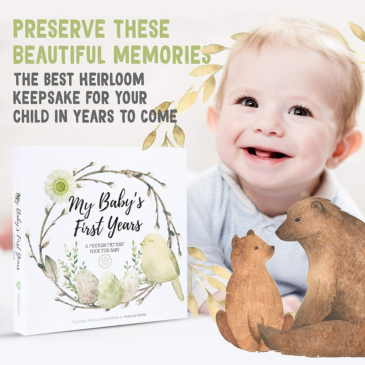 Newborn Baby Keepsake Set Bundle - Baby First 5 Years Memory Book & Baby Handprint Footprint Keepsake Photo Frame - Baby Nursery Art Kit and Journal For Baby Boys & Girls