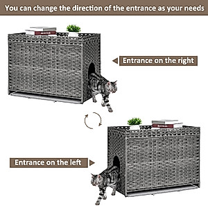 Cat Litter Box Enclosure with Soft Litter Mat; Hidden Washroom Furniture with Door; Handwoven Rattan Cat House with Large Space; Pet Crate for Living Room, Bedroom, Balcony (Grey)