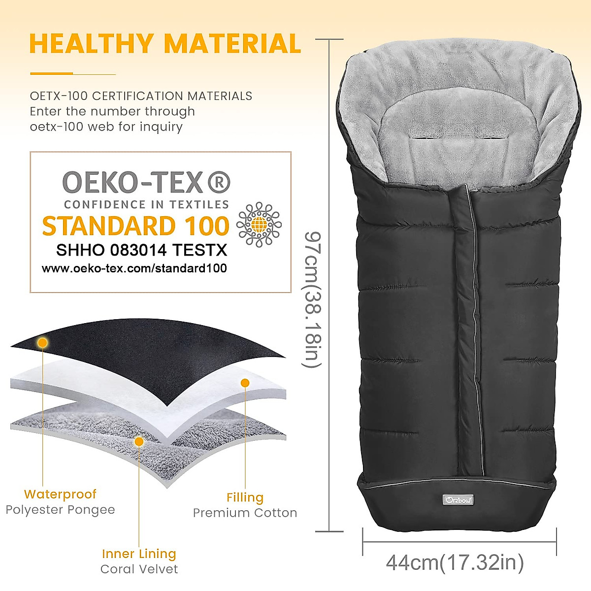 Orzbow Warm Bunting Bag Universal,Stroller Sleeping Bag Cold Weather,Waterproof Toddler Footmuff (Black, Large)