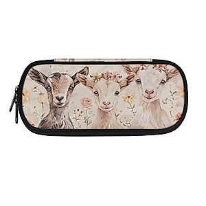STUOARTE Goat Flower Printed Large Pencil Case, Aesthetic Pencil Pouch with Zipper for Kids School, Stationery Pouch Pen Case School Supplies for College Students Girls Boys Adults