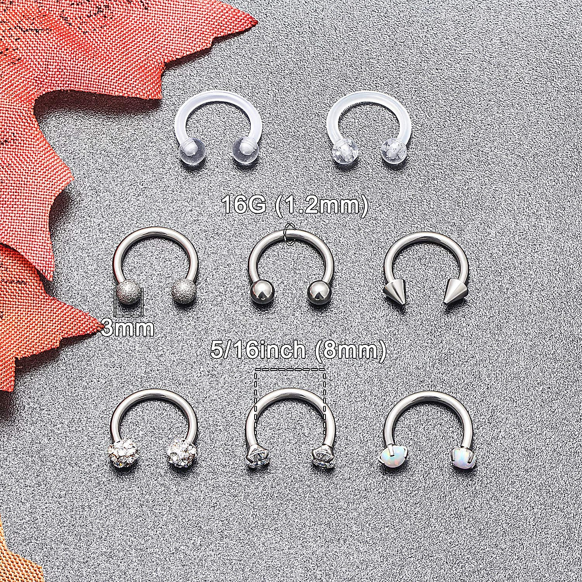 Dyknasz Horseshoe Circular Barbell Clear CZ Opal Stone Nose Septum Rings Hoop Retainer for Women Men Helix Cartilage Tragus Earring 316L Surgical Steel 16G 5/16"(8mm) Silver-Tone