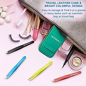 Tweezers Set, 4Pcs Tweezers for Women with Travel Leather Case, Professional Stainless Steel Eyebrows Tweezers, Great Precision Tweezers for Ingrown Hair, Facial Hair, Splinter Removal (Multi-Color)