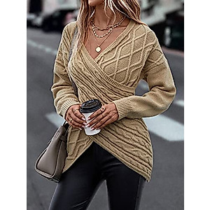 WDIRARA Women's Wrap V Neck Criss Cross Long Sleeve Asymmetrical Sweater Cable Knit Tops Solid Apricot L